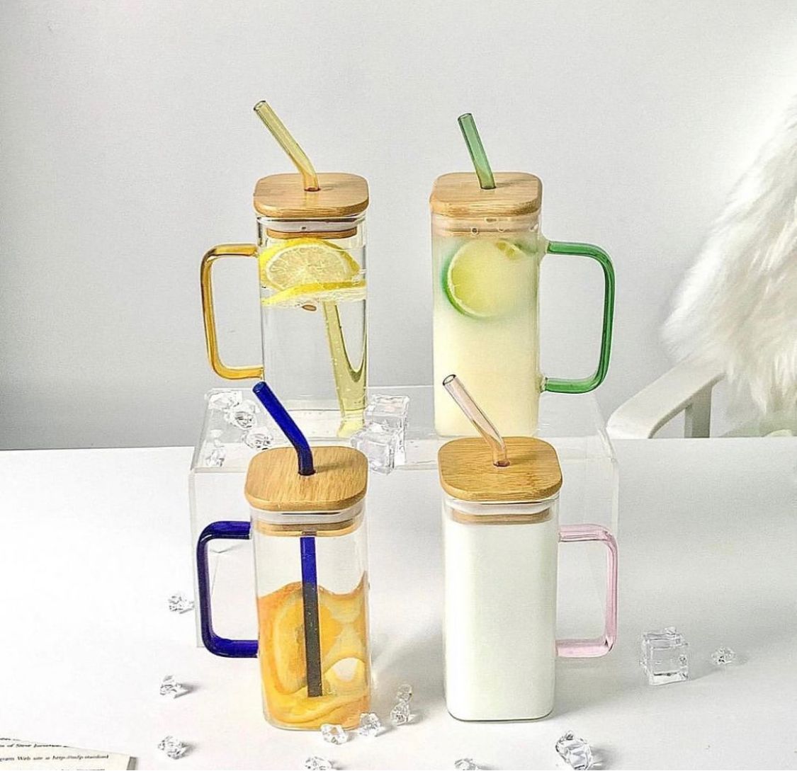 Square Ice Tea mug with lid and glass straw – AapnaOnlineStore