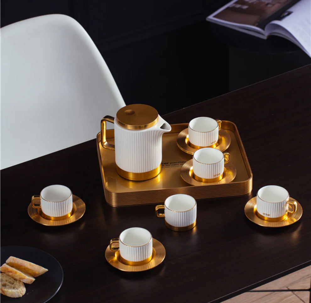 MODERN CERAMIC TEASET WITH METALLIC TRAY – AapnaOnlineStore